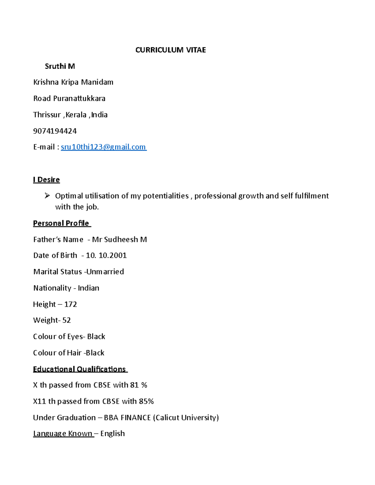 Cv 3 - Preparation of cv - CURRICULUM VITAE Sruthi M Krishna Kripa ...