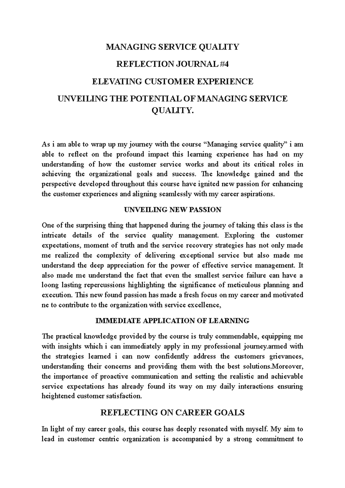 Reflectional journal 4 - MANAGING SERVICE QUALITY REFLECTION JOURNAL ...