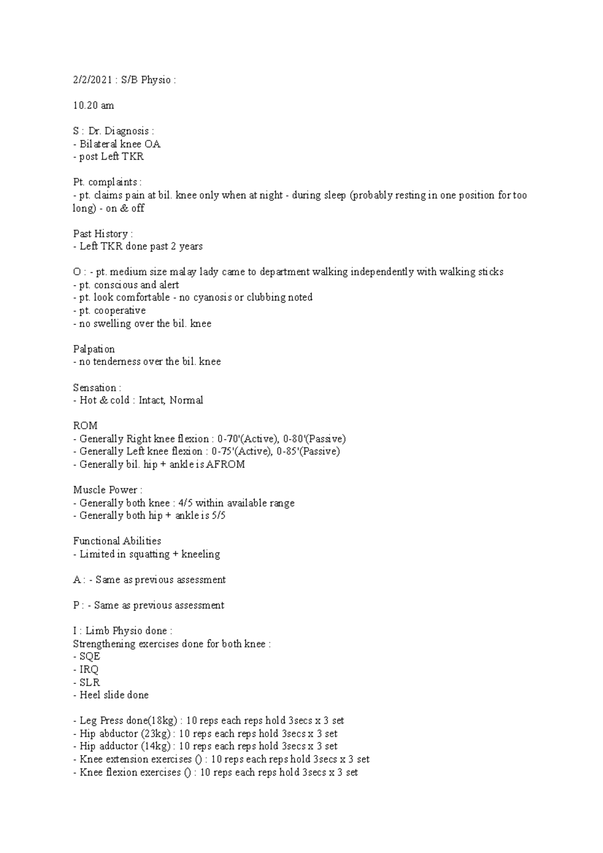 Basic Assessment MSK - ELC FINAL SAMPLE - 2/2/2021 : S/B Physio : 10 am ...