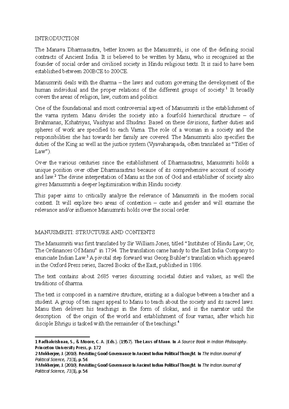 Manu Assignment - Critically analyse the relevance of Manu in the ...