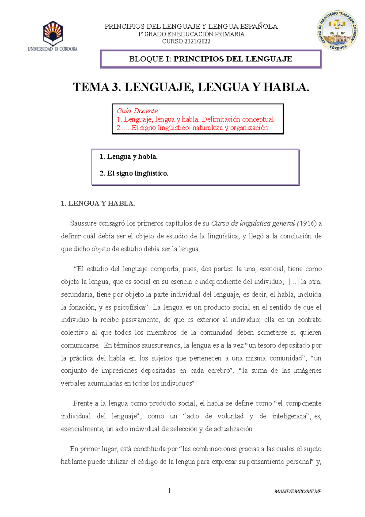 Tema 3. Lenguaje, Lengua Y Habla - Lengua y habla. El signo lingüístico ...