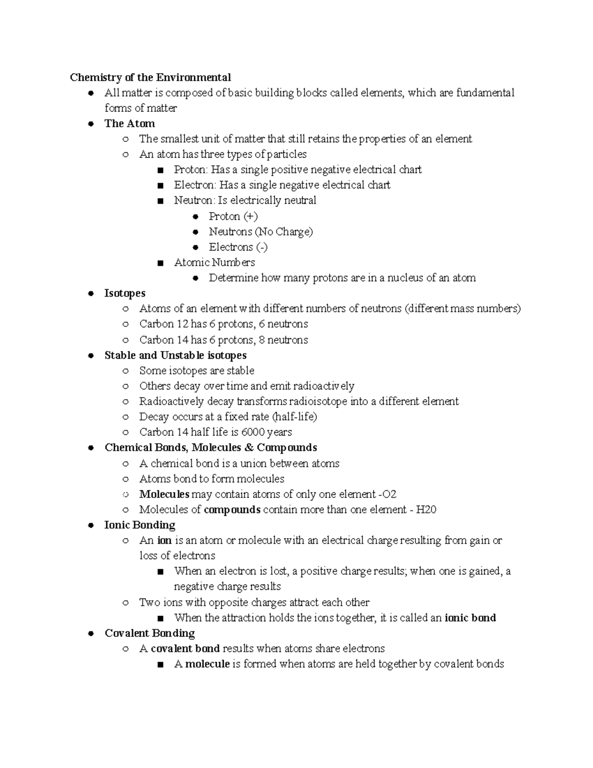Biology - Notes - Chemistry of the Environmental All matter is composed ...