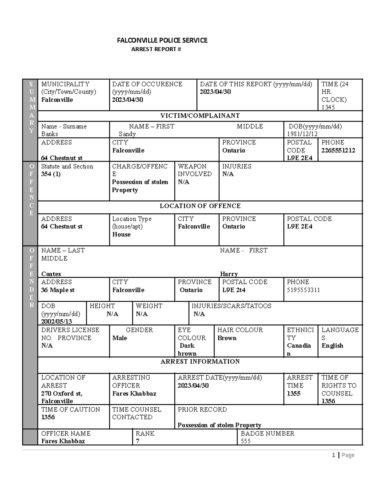 Arrest Report last - FALCONVILLE POLICE SERVICE ARREST REPORT S U M M A ...