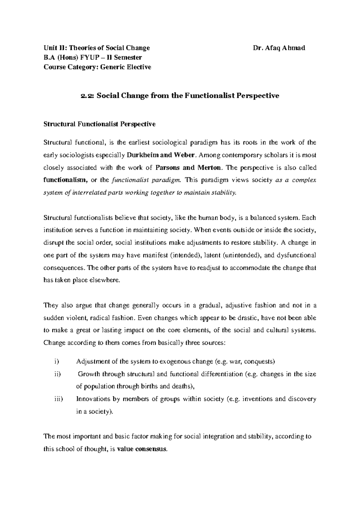 2.2 Functionalist Perspective - Unit II: Theories of Social Change Dr ...