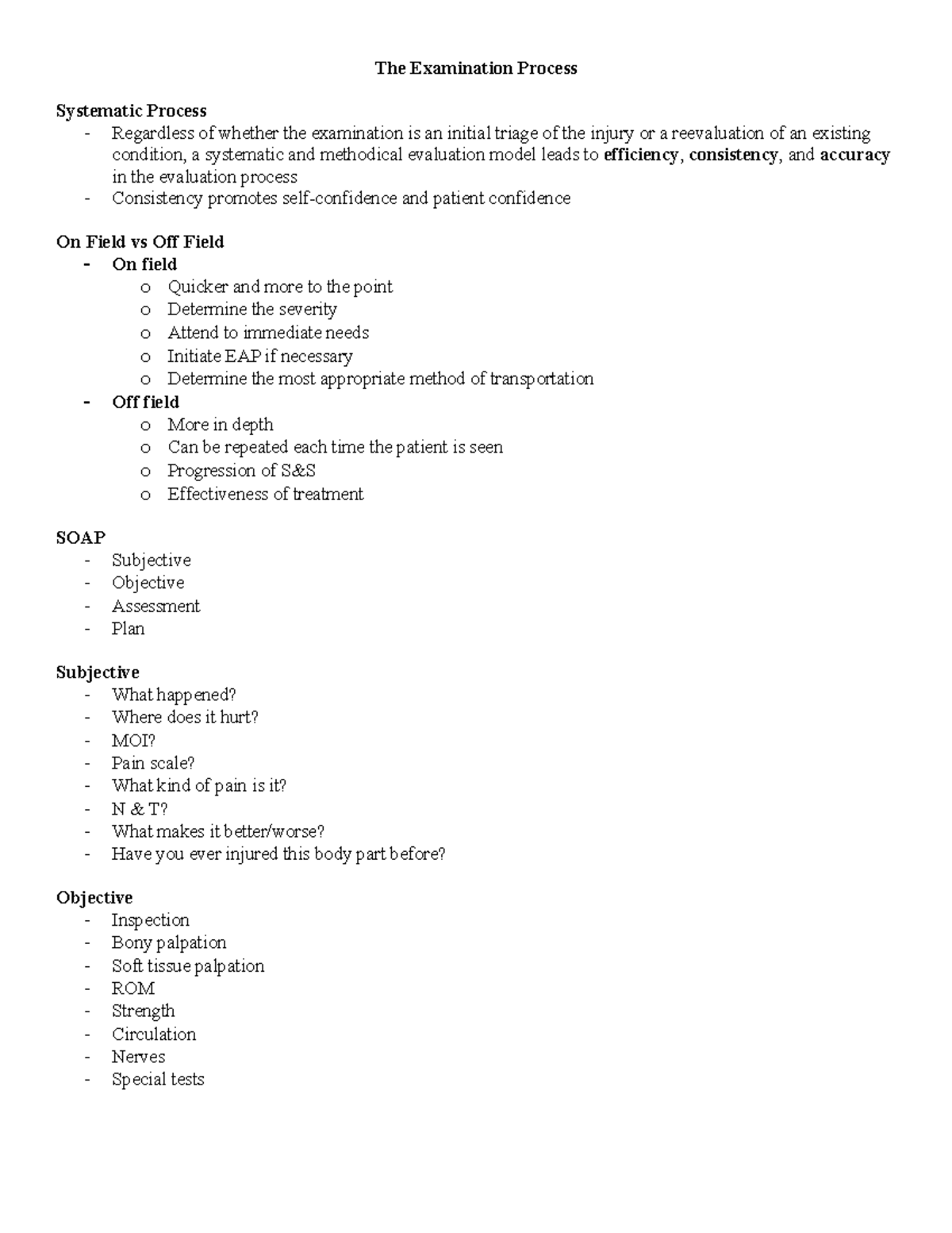 Exam 1 - Class notes - The Examination Process Systematic Process ...