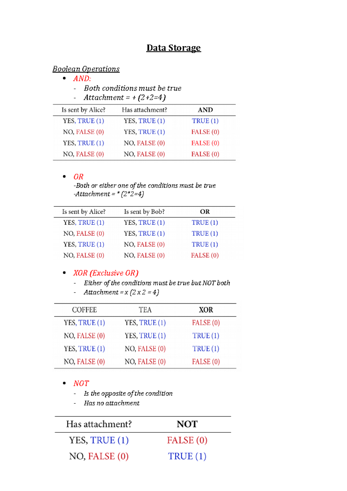 Data Storage - Lecture notes 1-10 - Data Storage Boolean Operations AND ...