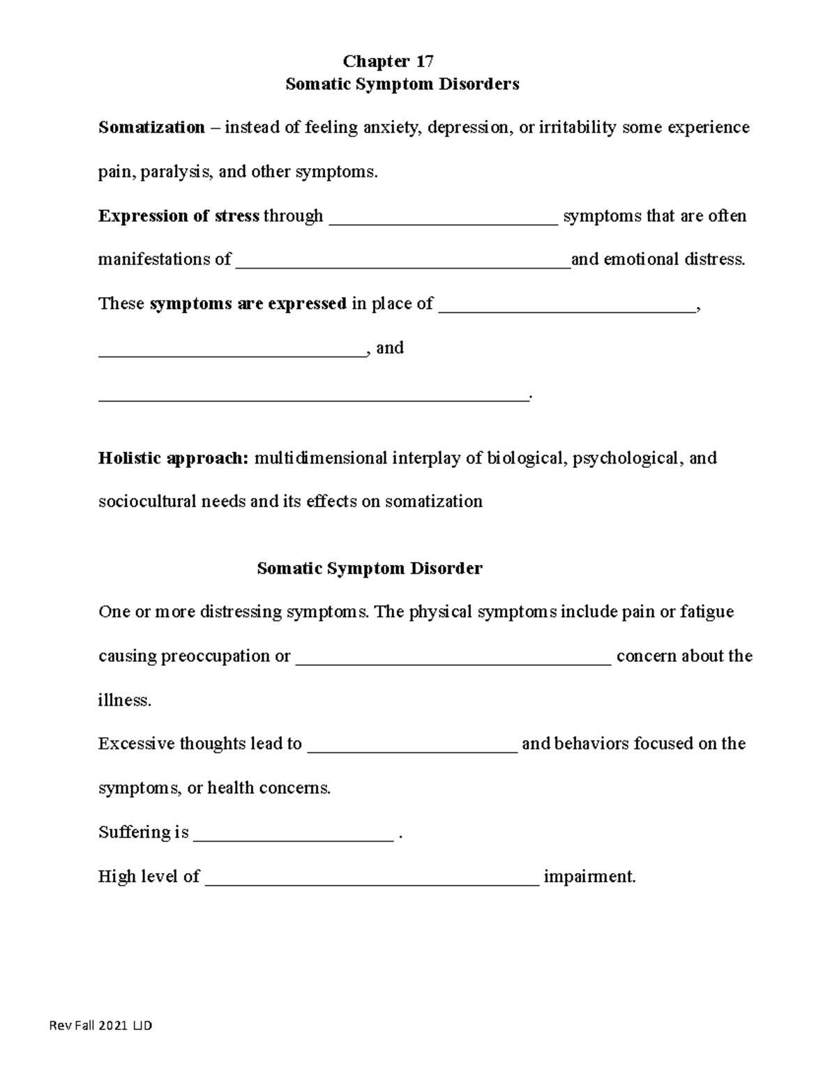 Fall 2021 Dinkins Ch 17 Somatic Symptom Disorders - Chapter 17 Somatic ...