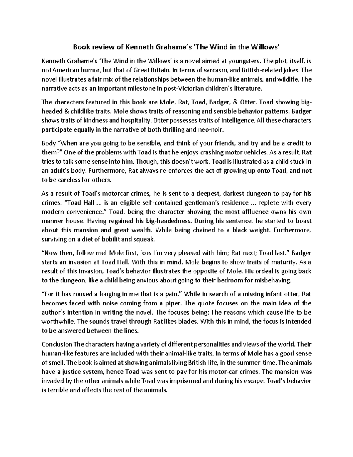 College student book review example - Book review of Kenneth Grahame’s ...