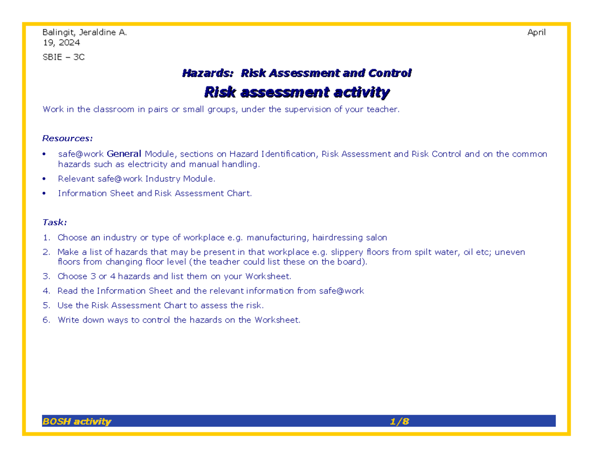 Hirac- Activity Final - 19, 202419, 2024 SBIE – 3CSBIE – 3C Hazards ...