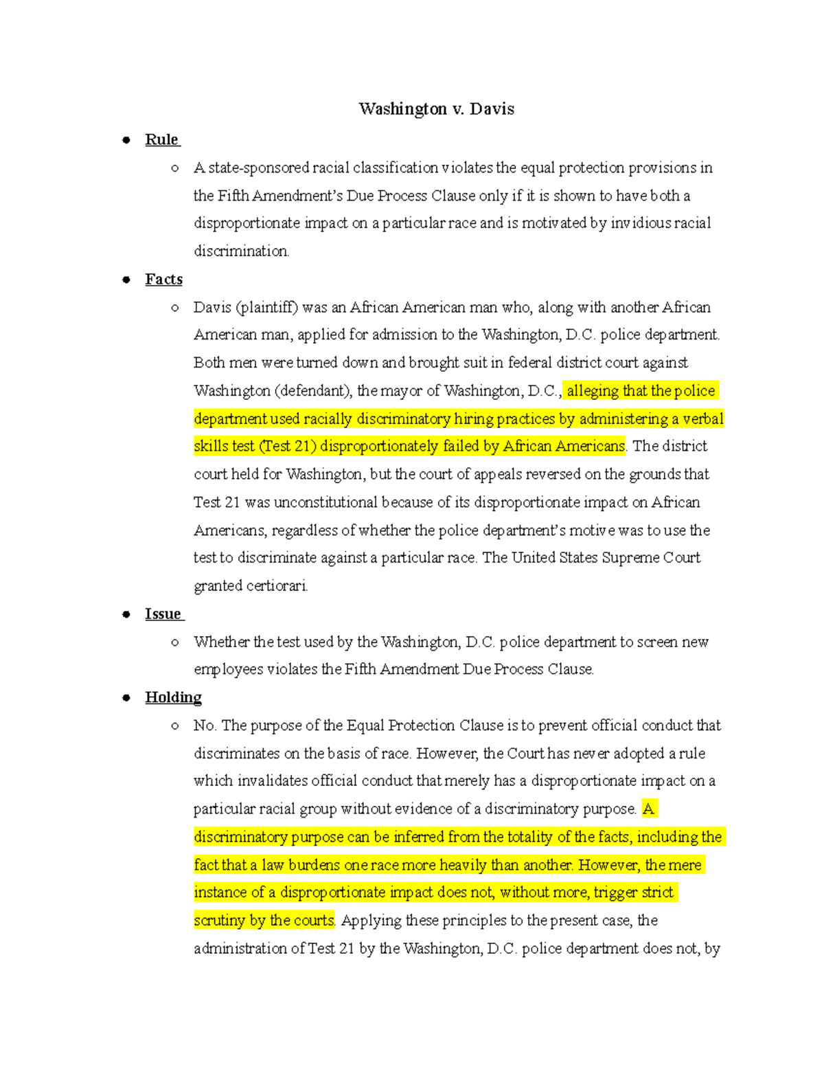Con Law II- Washington v. Davis - Washington v. Davis Rule A state ...