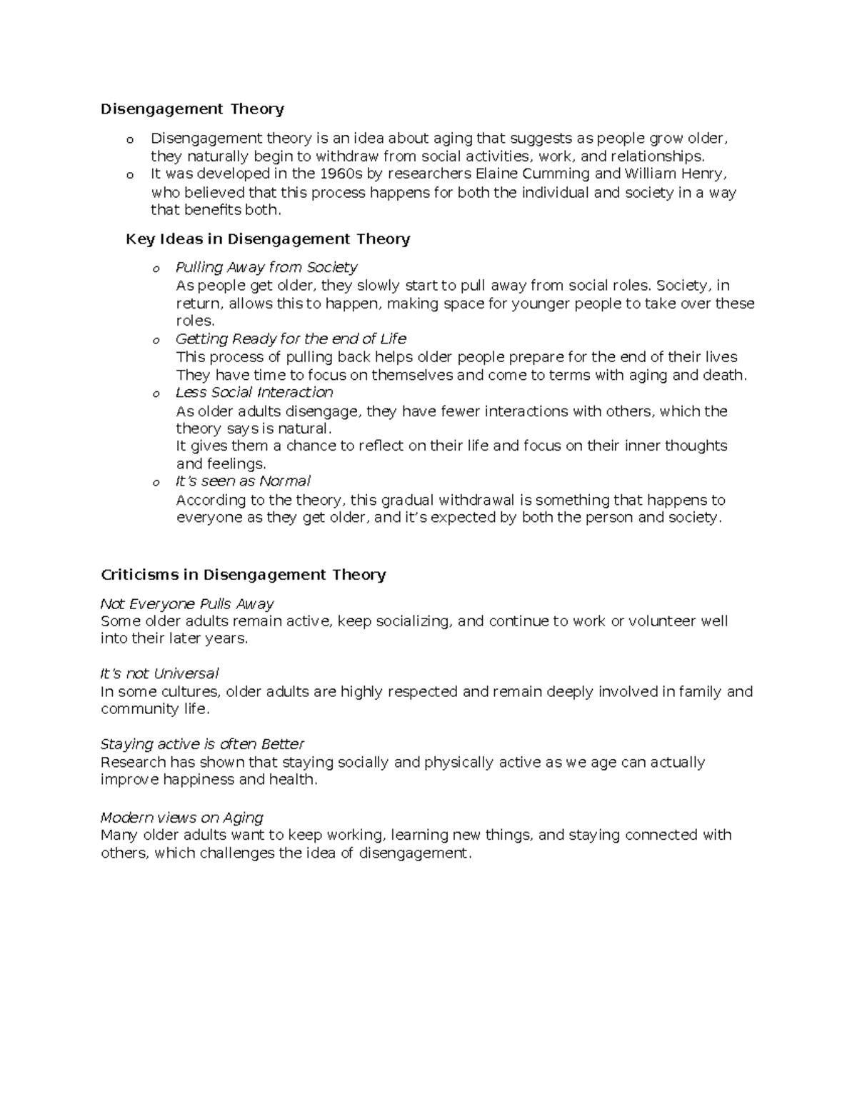 Disengagement Theory - notes - Disengagement Theory o Disengagement ...