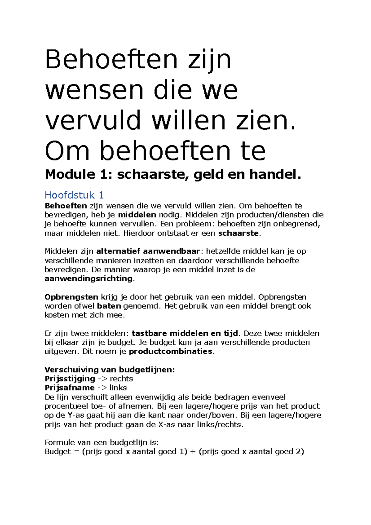 Module 1 schaarste, geld en handel - Economie - Studeersnel