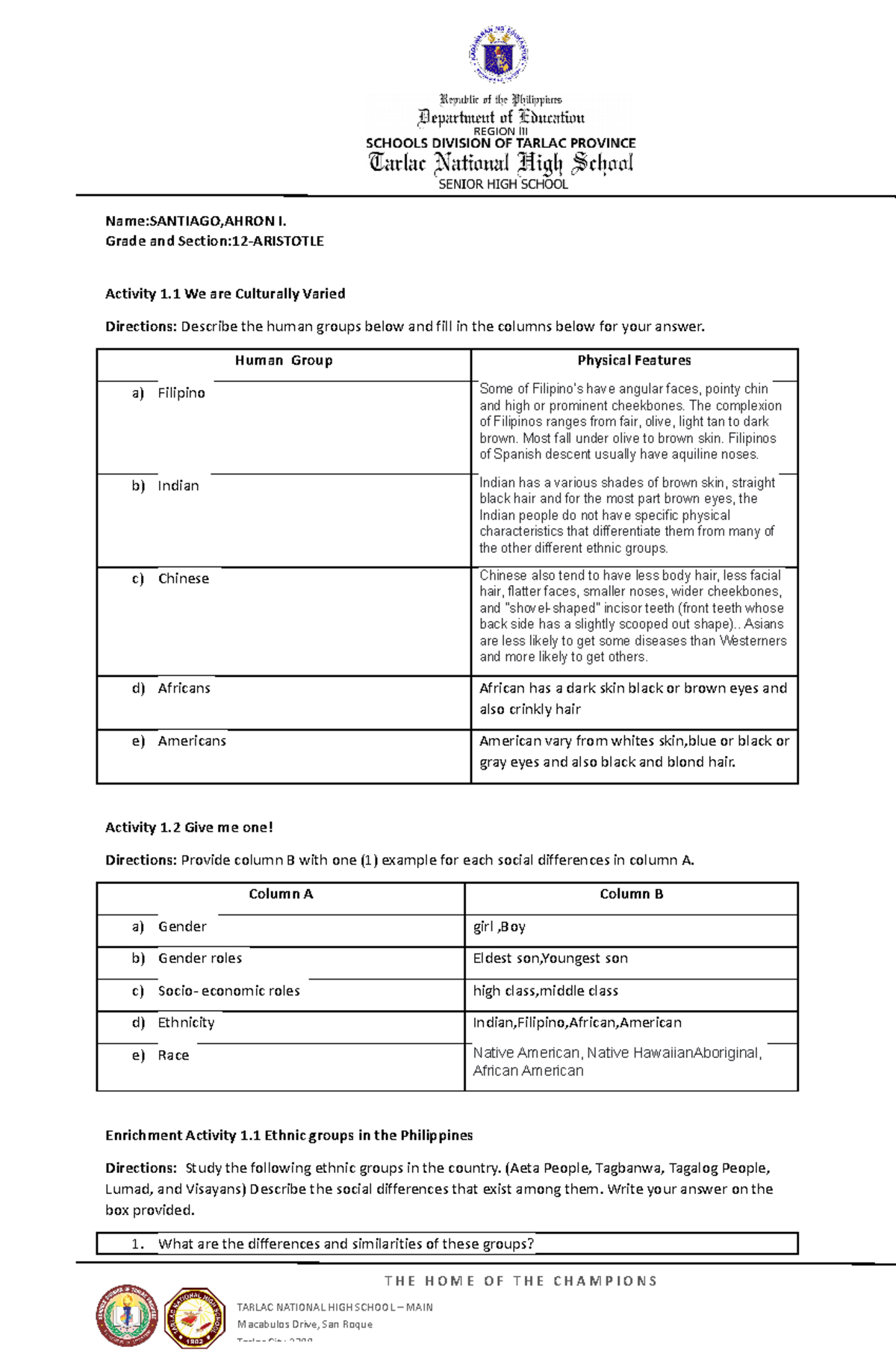 UCSP ACT 1 - Notes - Name:SANTIAGO,AHRON I. Grade and Section:12 ...