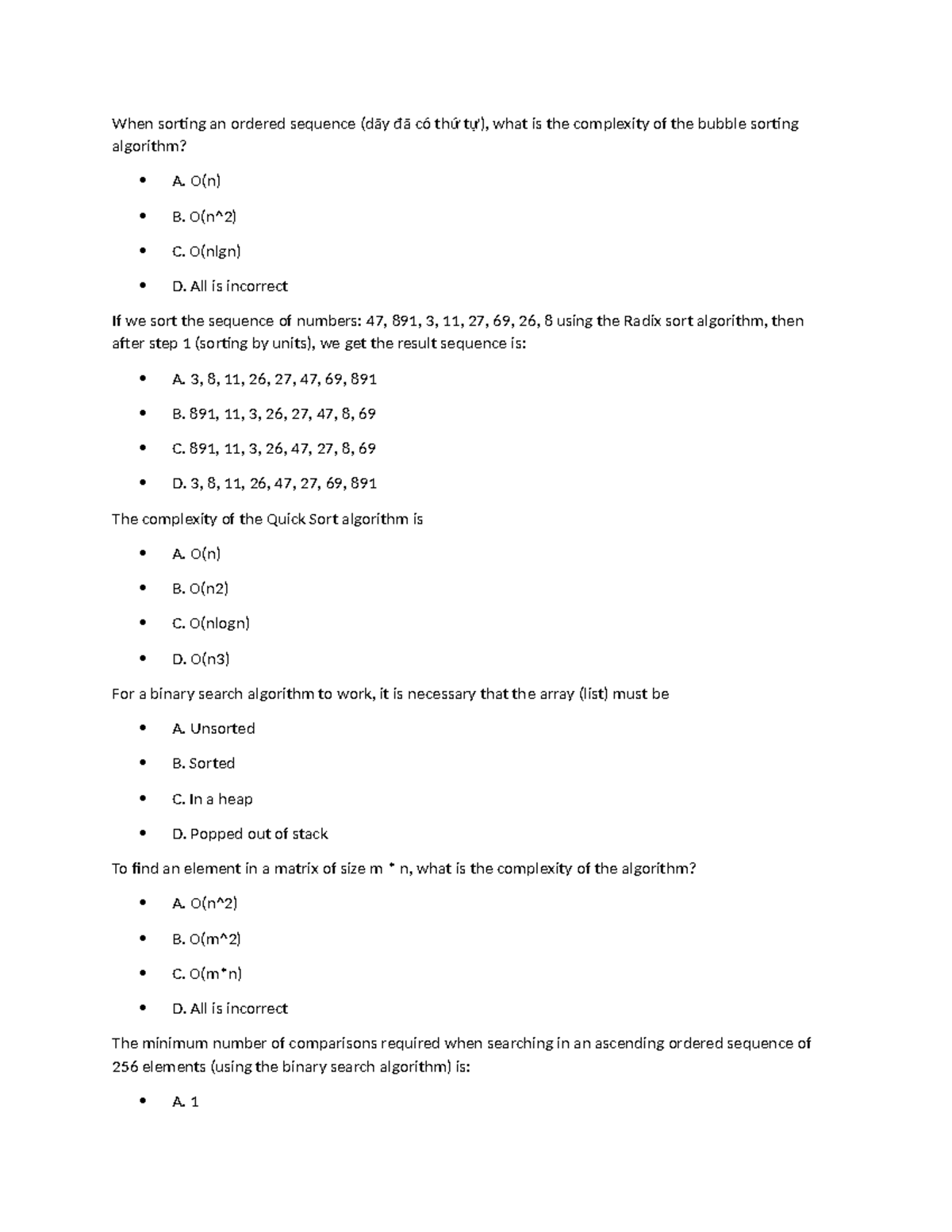 Tracnghiem thay dieu - TRẮC NGHIỆM - When sorting an ordered sequence (dãy đã có thứ tự), what ...