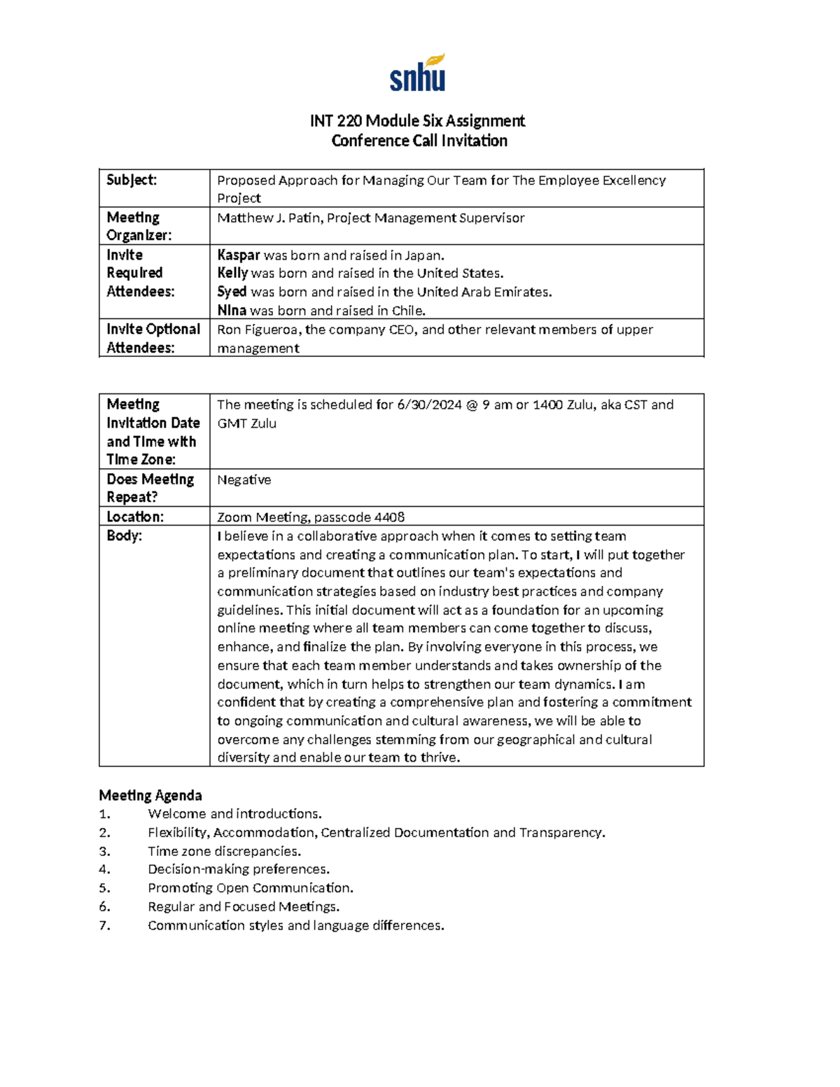 INT 220 Module 6 - Conference Call Invitation - INT 220 Module Six ...