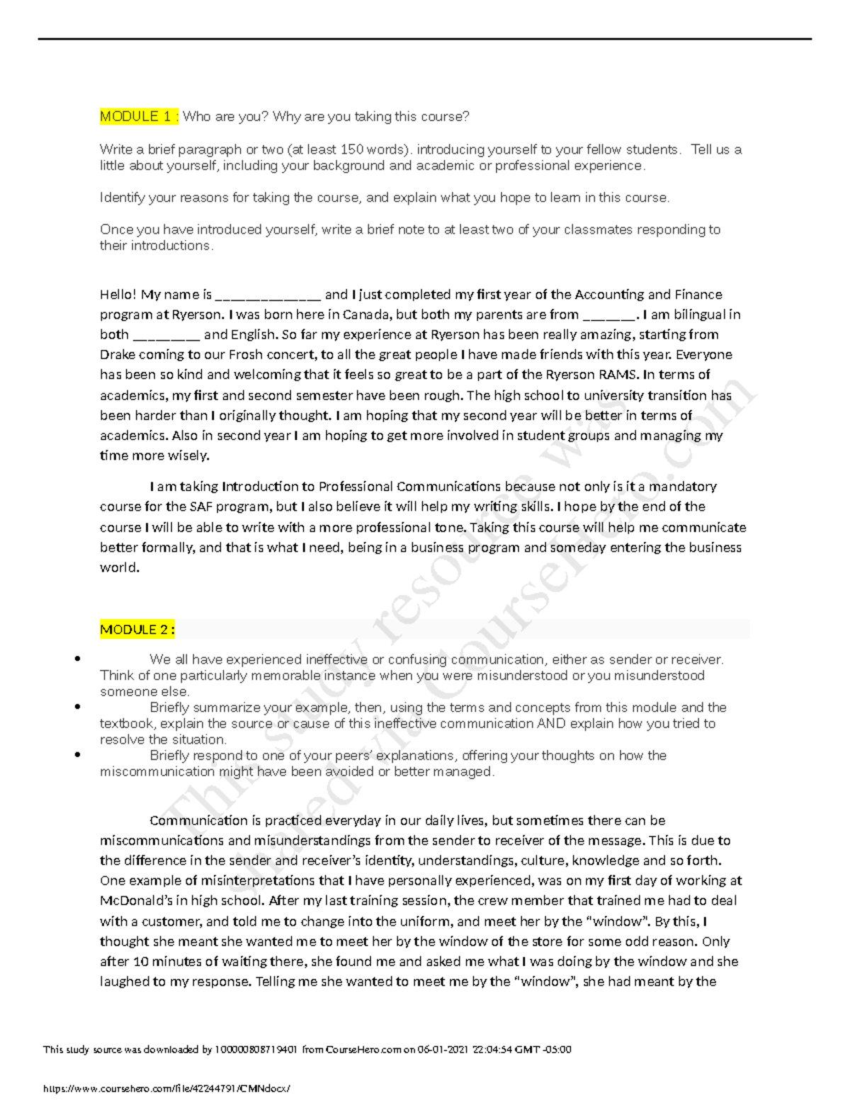 CMN279- Modules Examples - CMN 279 - Toronto Met - Studocu