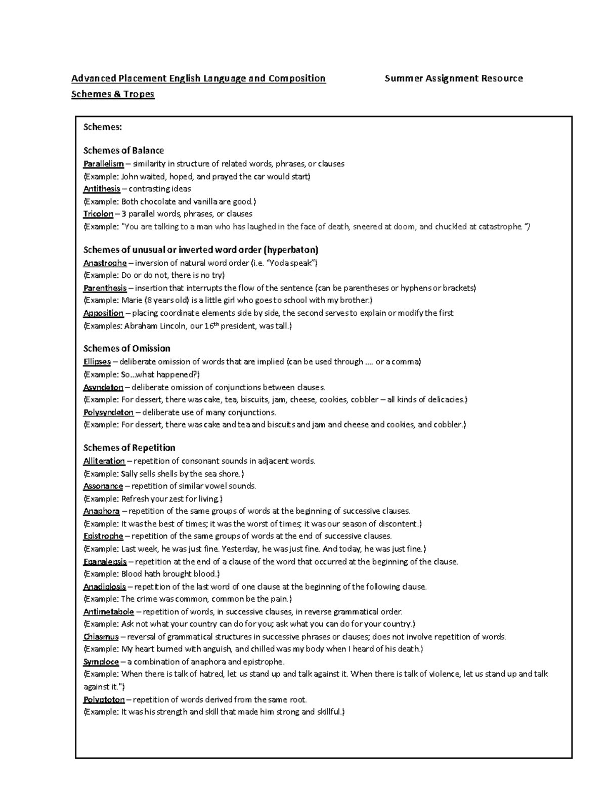 AP L Schemes Tropes - Advanced Placement English Language and ...