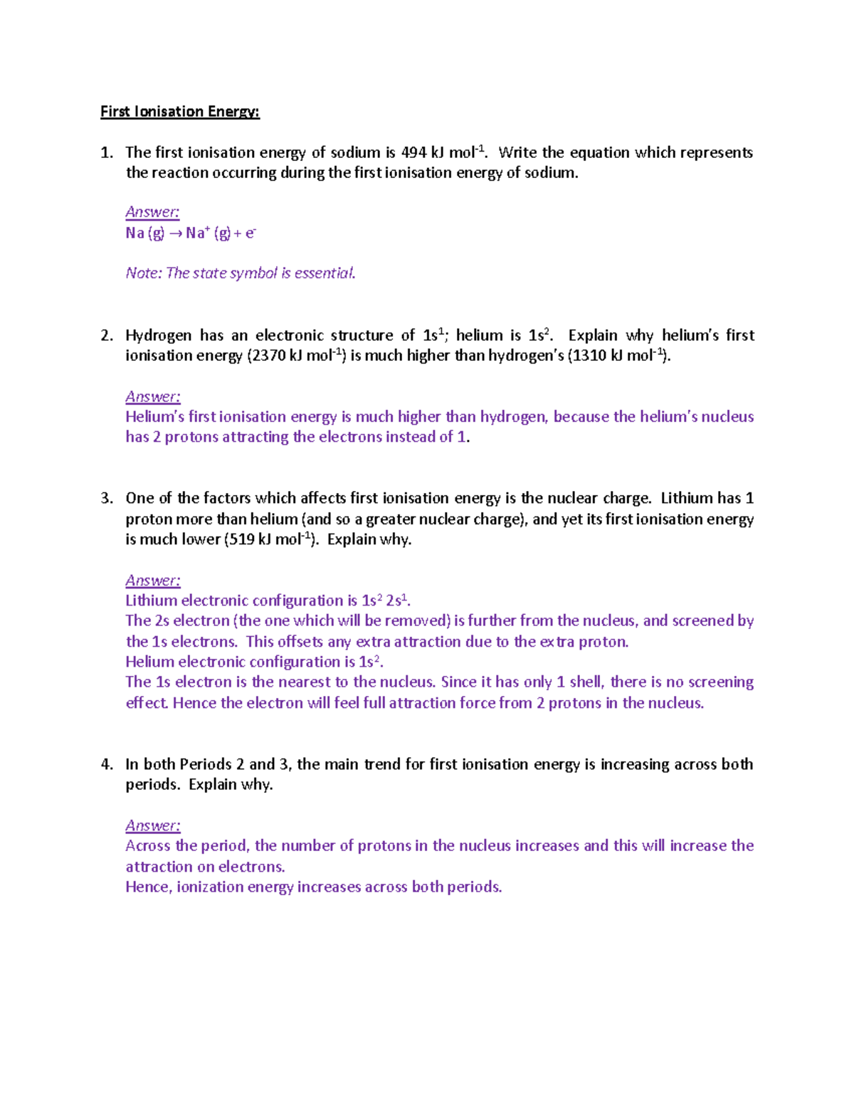 Ionisation Energy Tutorial Questions & Answers - First Ionisation Energy: 1. The first ...