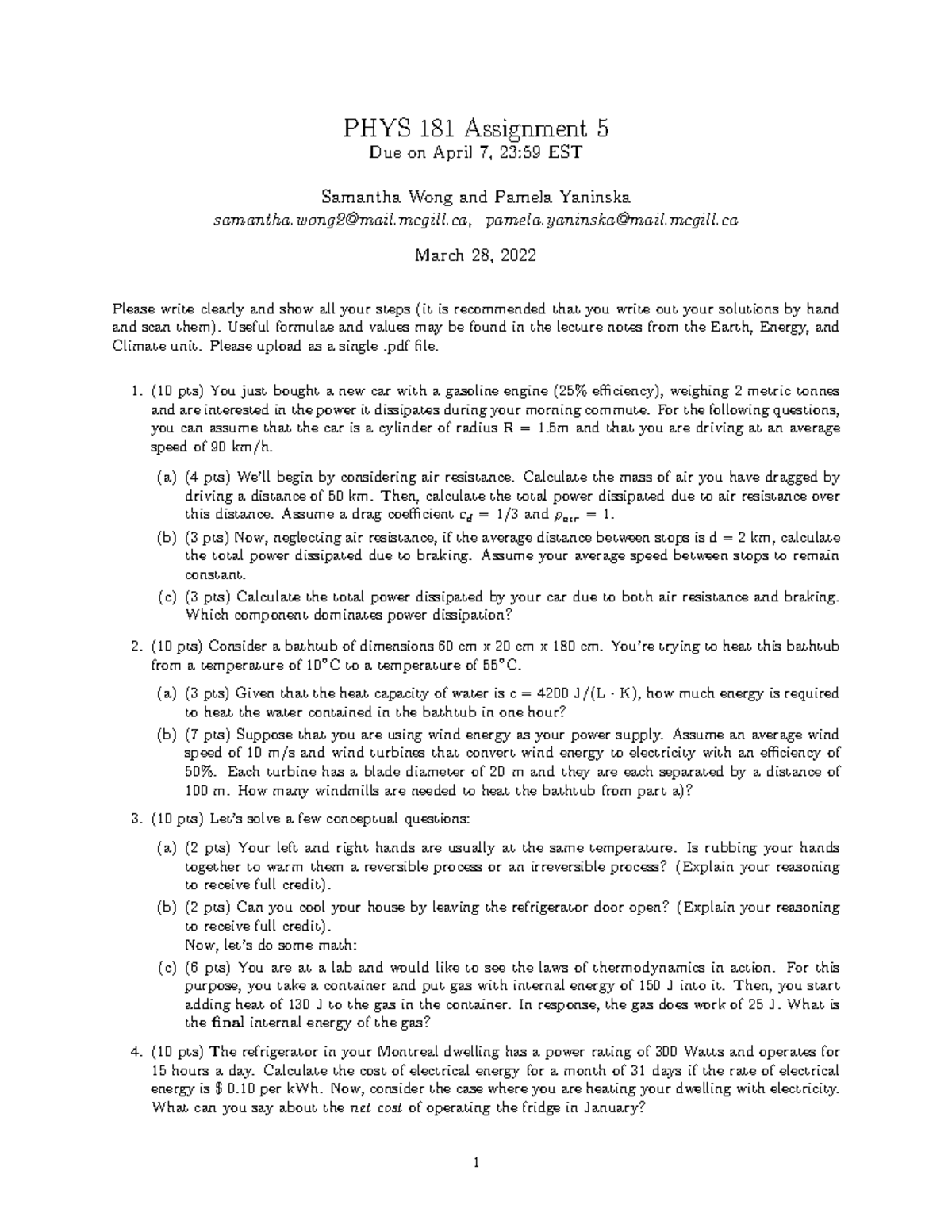 Phys 181 Assignment 5 - PHYS181 - McGill - Studocu