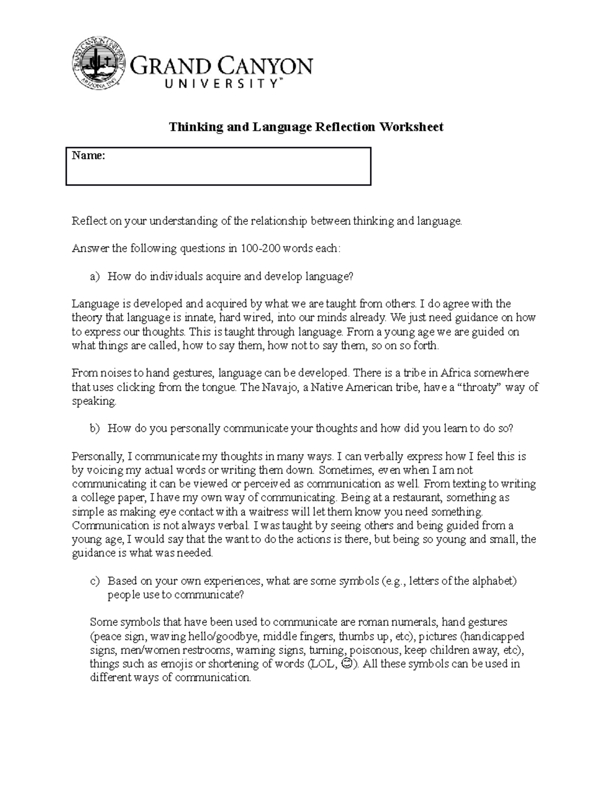 Thinking and Language Reflection Worksheet UNV 104 - Thinking and ...