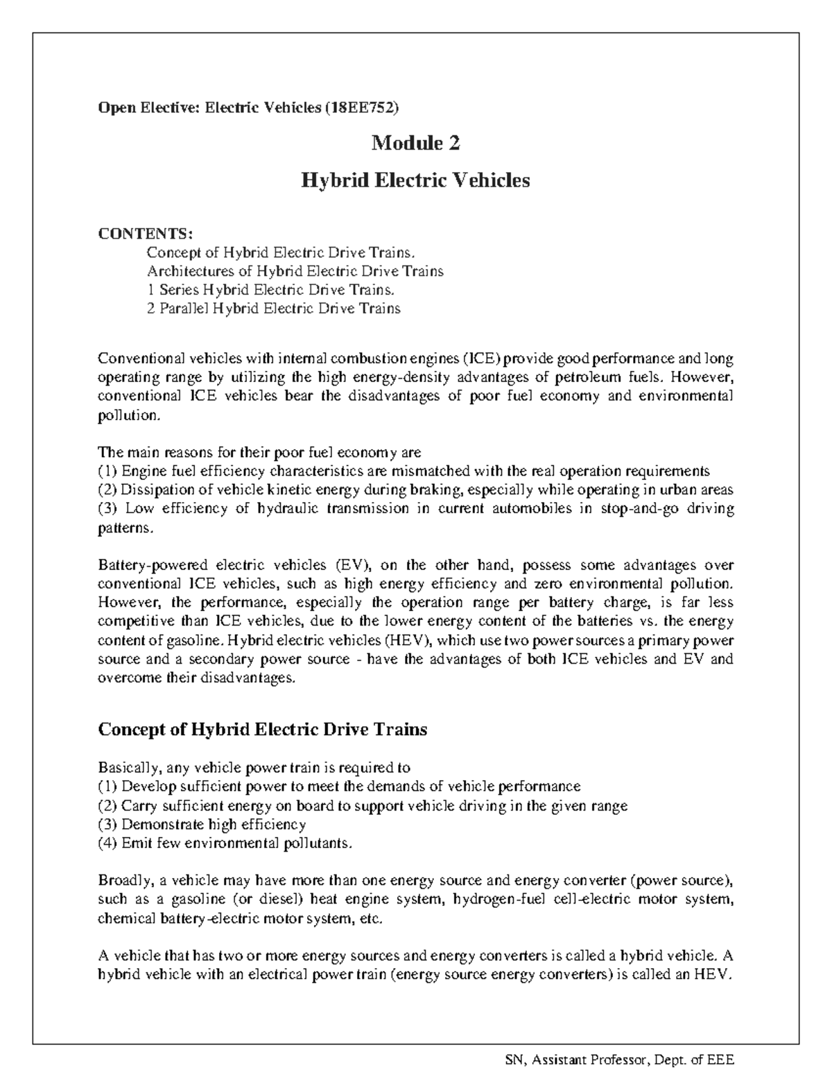 Hybrid Electric Vehicles - Open Elective: Electric Vehicles (18EE752 ...