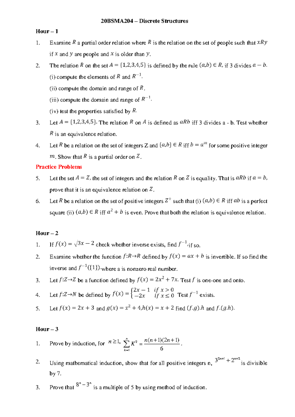 HOUR Paper Discrete Structures - 20BSMA204 – Discrete Structures Hour ...