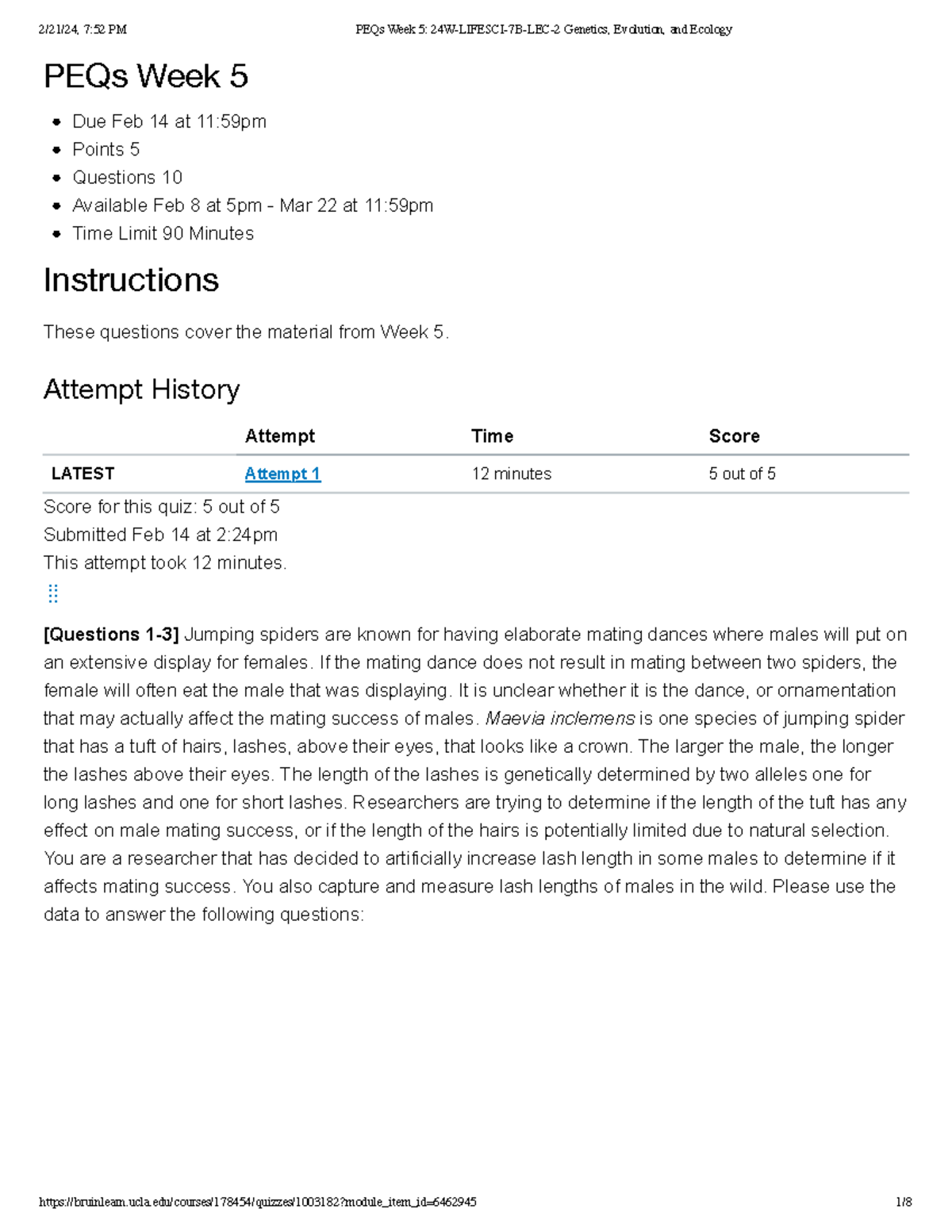 PEQs Week 5 24W- Lifesci-7B-LEC-2 Genetics, Evolution, and Ecology - PEQs Week 5 Due Feb 14 at ...