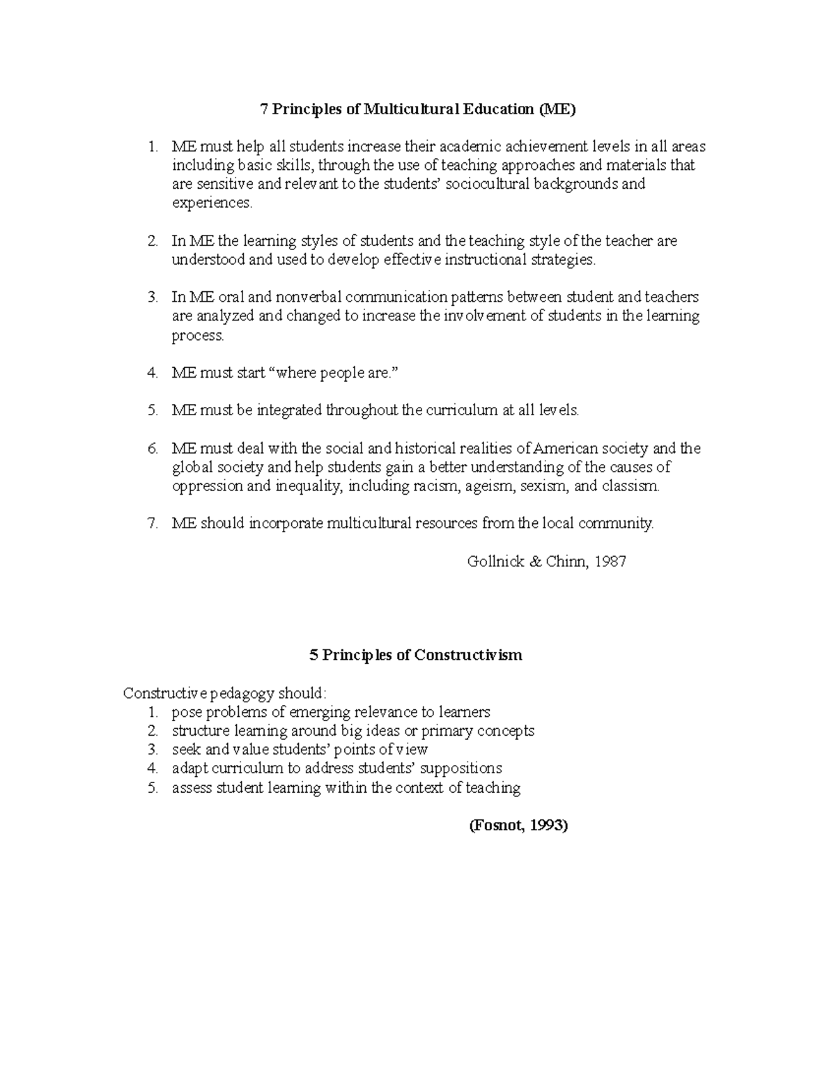 Principles of ME + Constructivism Notes - 7 Principles of Multicultural ...