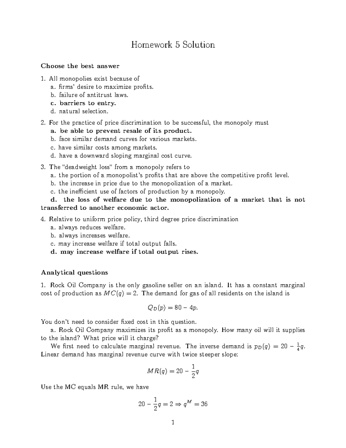 Homework 5 Solution - Homework 5 Solution Choose the best answer All ...