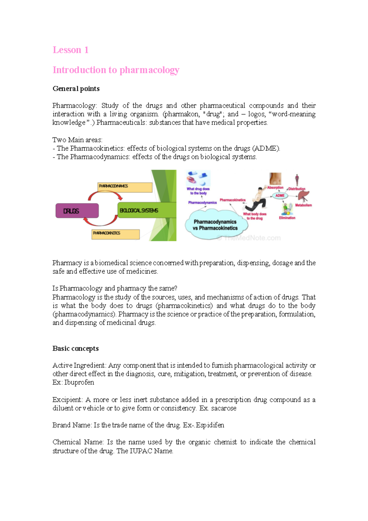 Lesson 1 pharma - Lesson 1 Introduction to pharmacology General points Pharmacology: Study of ...
