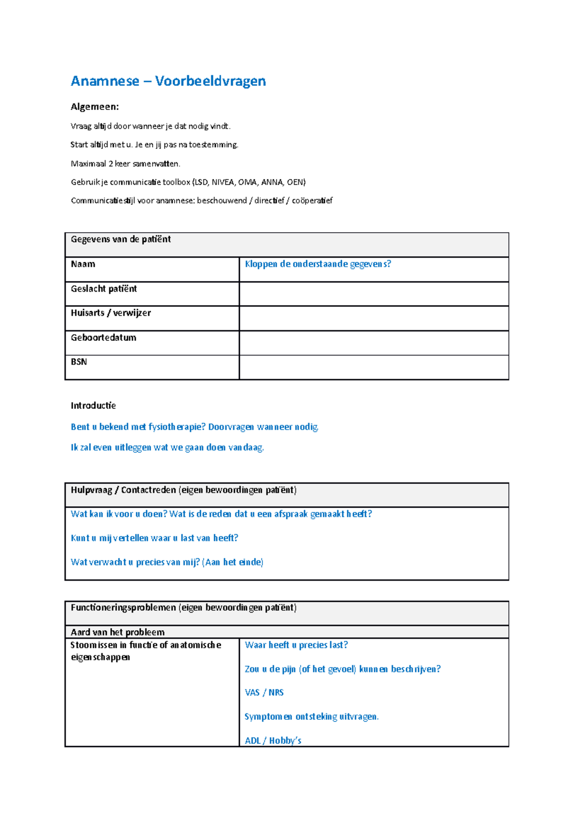 Anamneseverslag lang voorbeeld - Anamnese – Voorbeeldvragen Algemeen ...