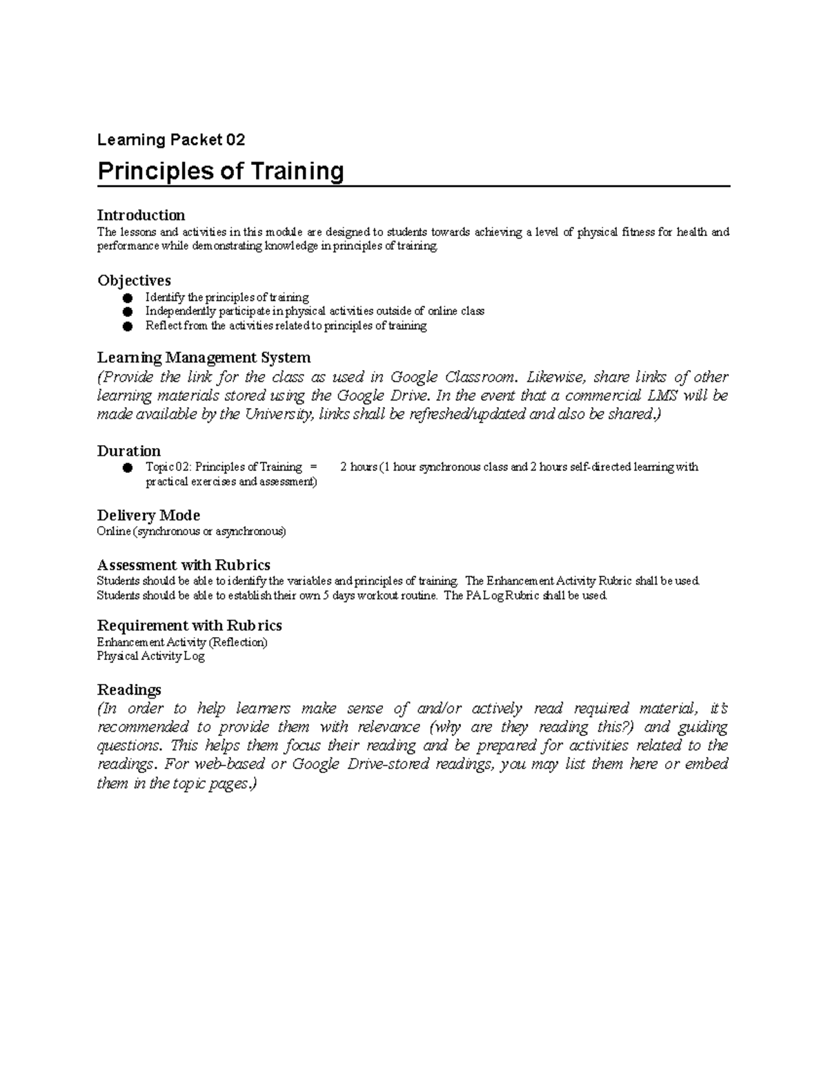 Topic-2 - For Physical Education - Learning Packet 02 Principles of ...