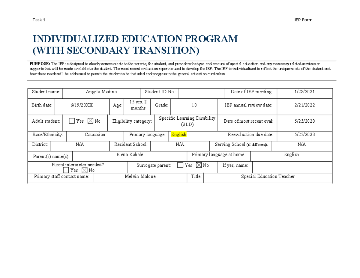 IEP Form Final - Work - INDIVIDUALIZED EDUCATION PROGRAM (WITH ...