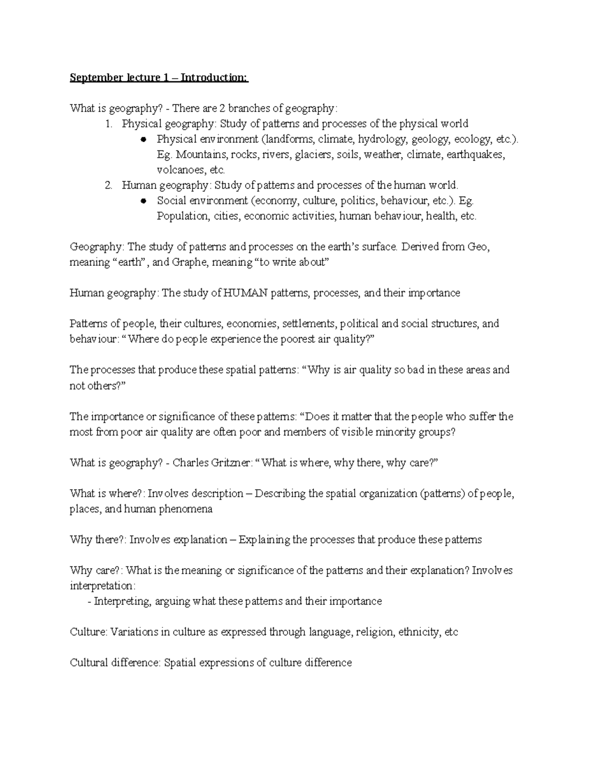 Geography - lecture notes - September lecture 1 – Introduction: What is ...