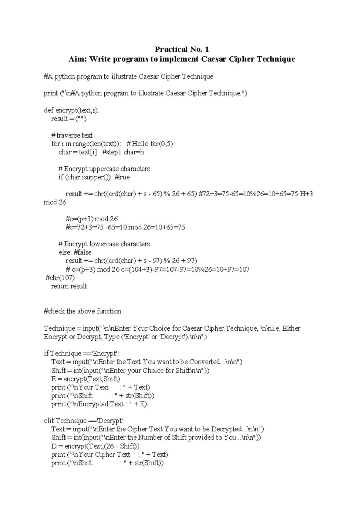 Information network security practicals - Practical No. 1 Aim: Write programs to implement ...