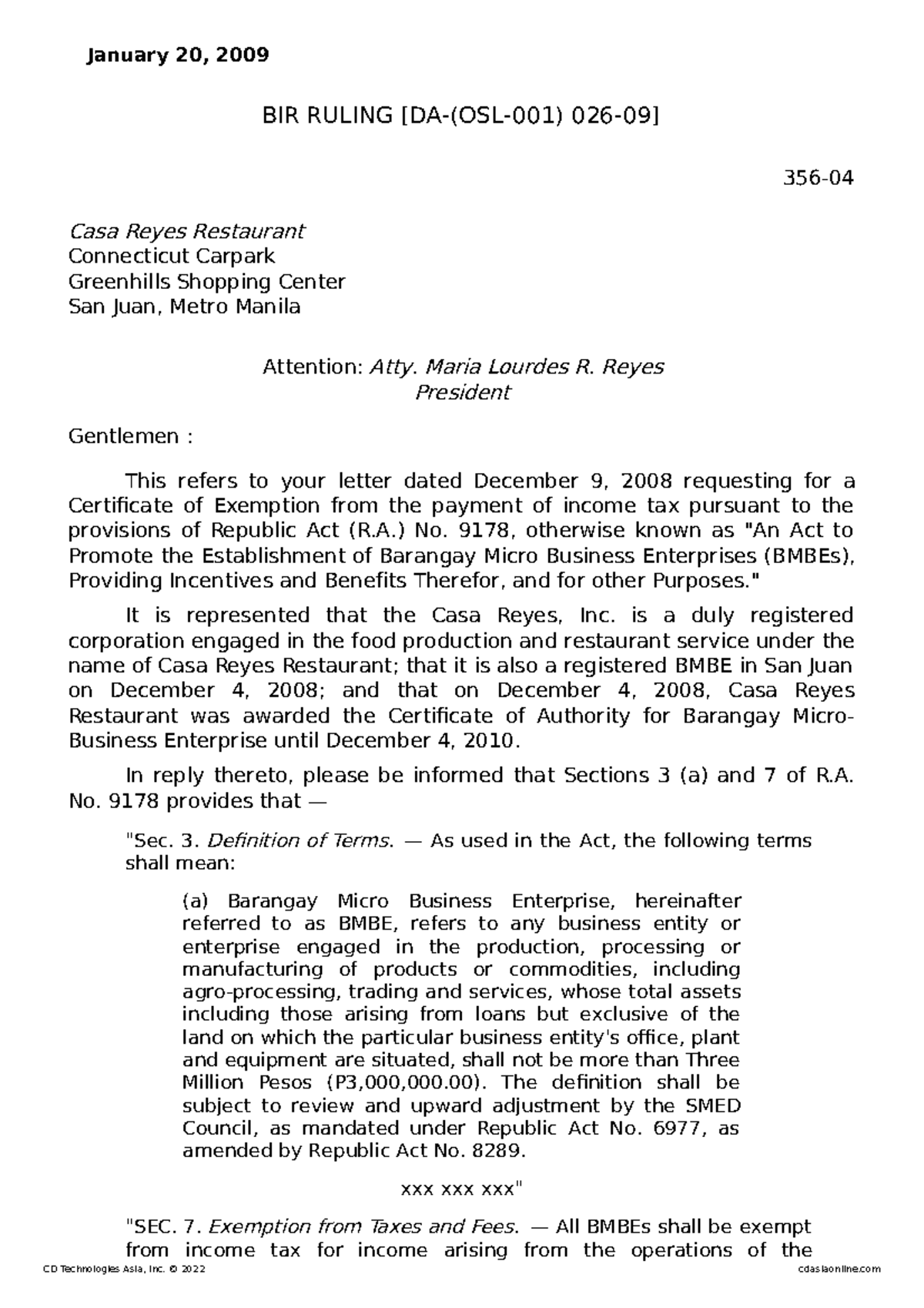 BMBE Exemption from Income Consequently Withholding - January 20, 2009 ...