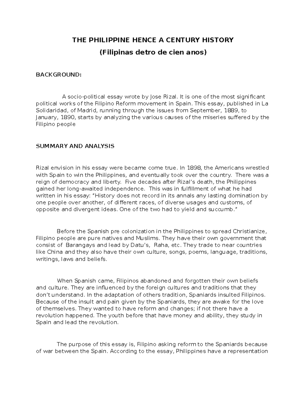 UNIT 10 Rizal Topic A THE Philippine Hence A Century History - THE ...