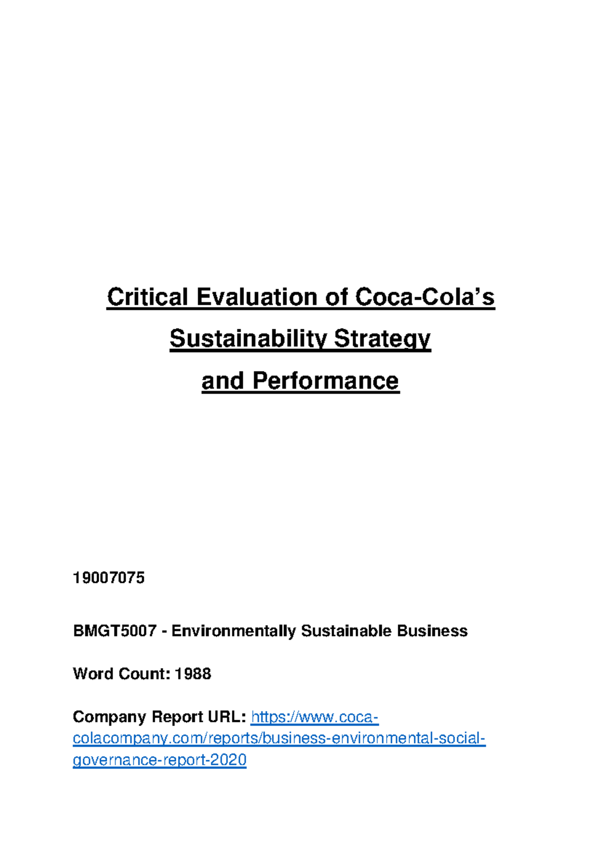 19007075 ESB Assignment 2 Coca-Cola Resit - Critical Evaluation of Coca ...