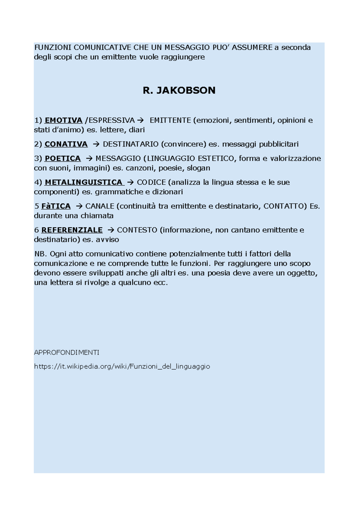 Funzioni Comunicative Jakobson - FUNZIONI COMUNICATIVE CHE UN MESSAGGIO ...