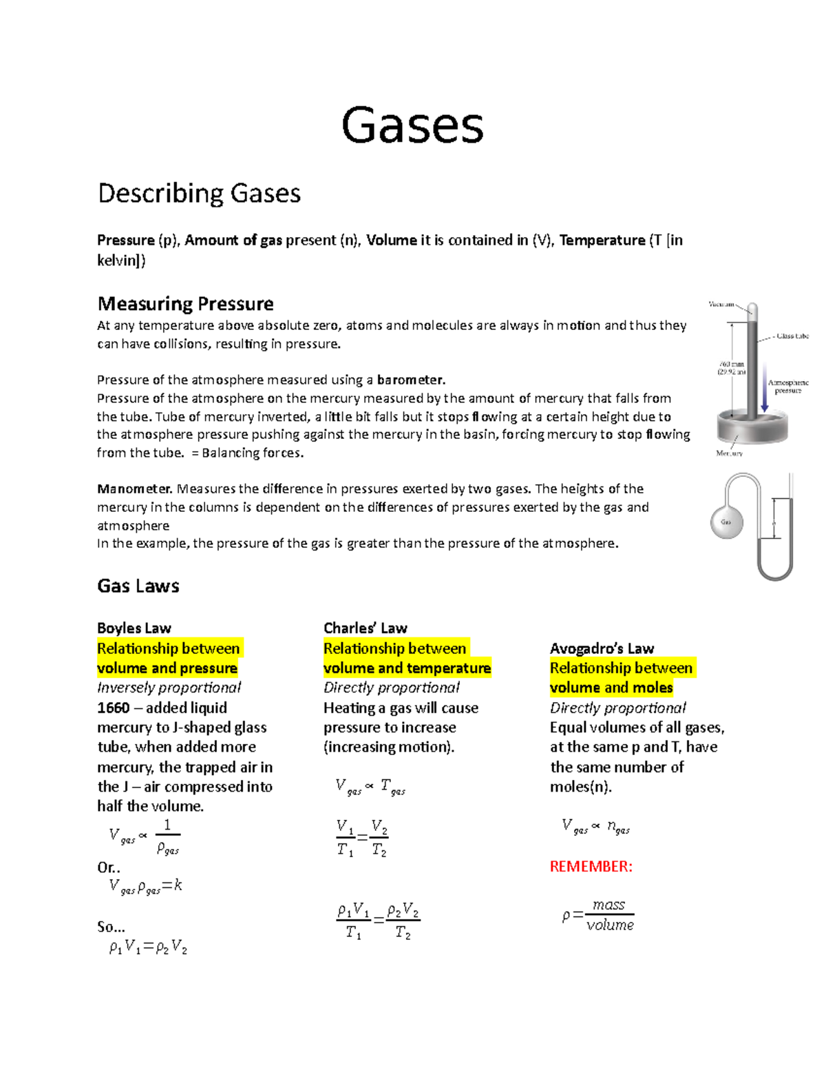 CHEM1051 Study Notes - Gases Describing Gases Pressure (p), Amount of ...