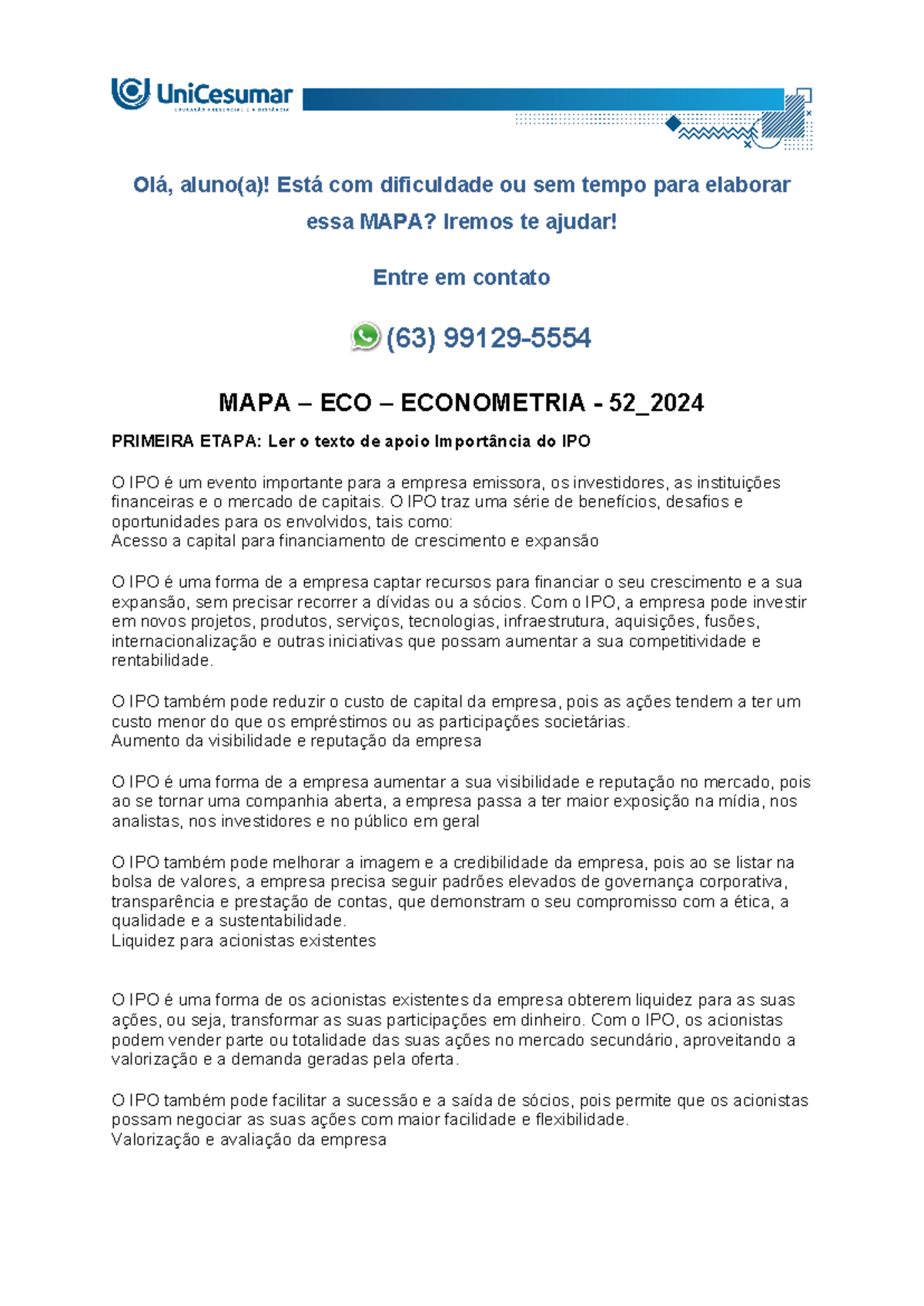 MAPA – ECO – ECONOMETRIA – 52_2024 - Olá, aluno(a)! Está com ...