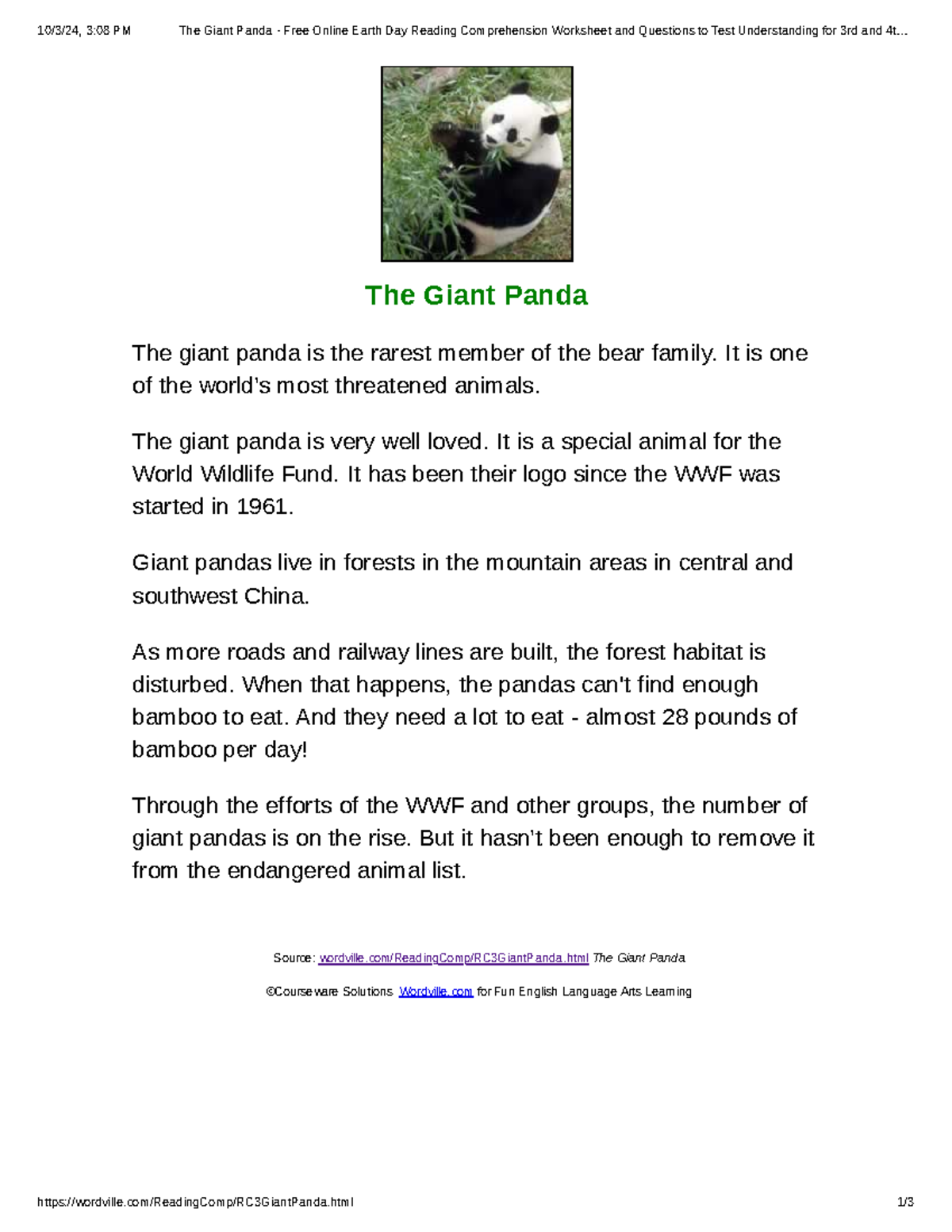 Story and Worksheet - Usable for lesson plan - The Giant Panda The ...