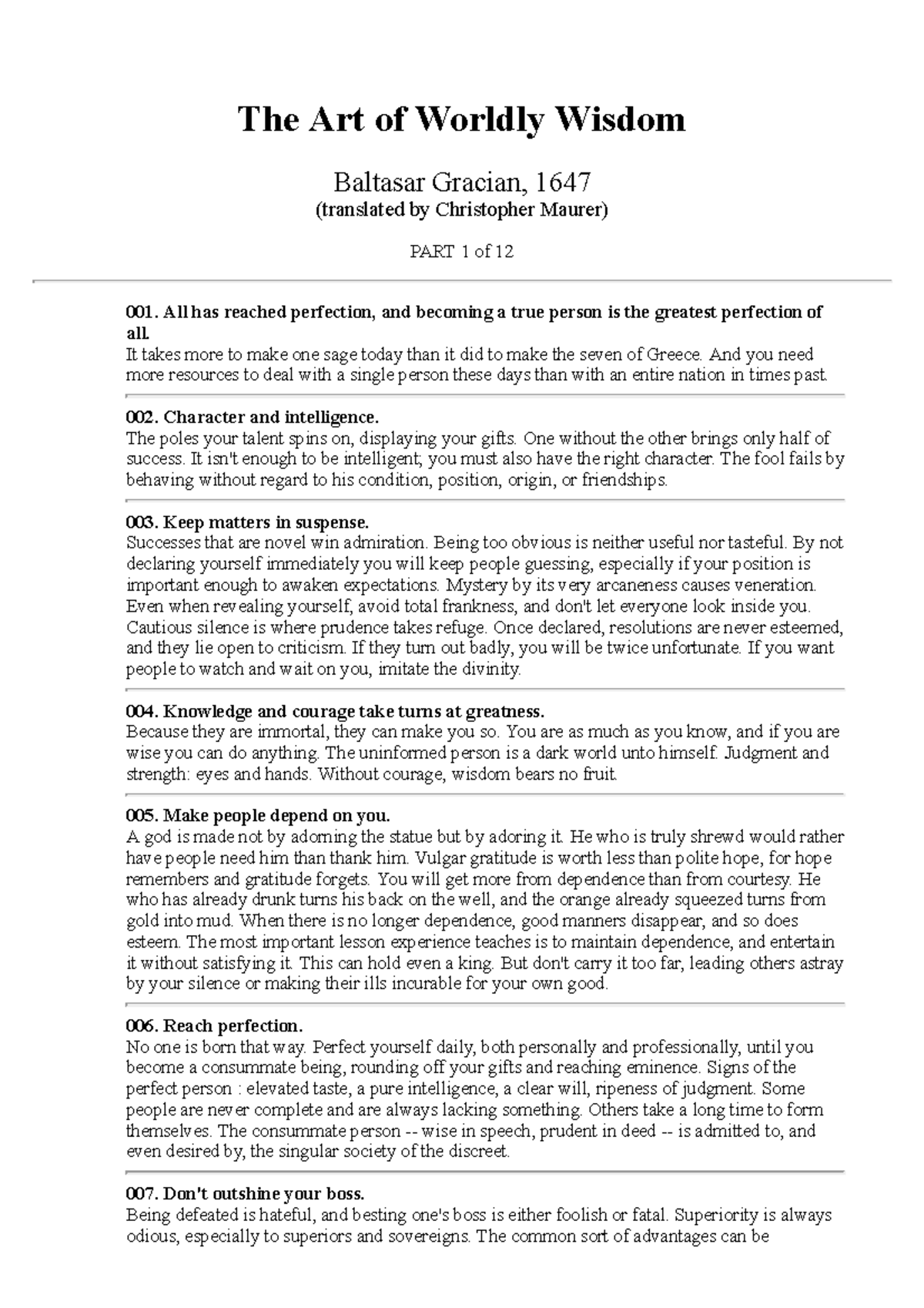 The Art of Wordly Wisdom - The Art of Worldly Wisdom Baltasar Gracian ...