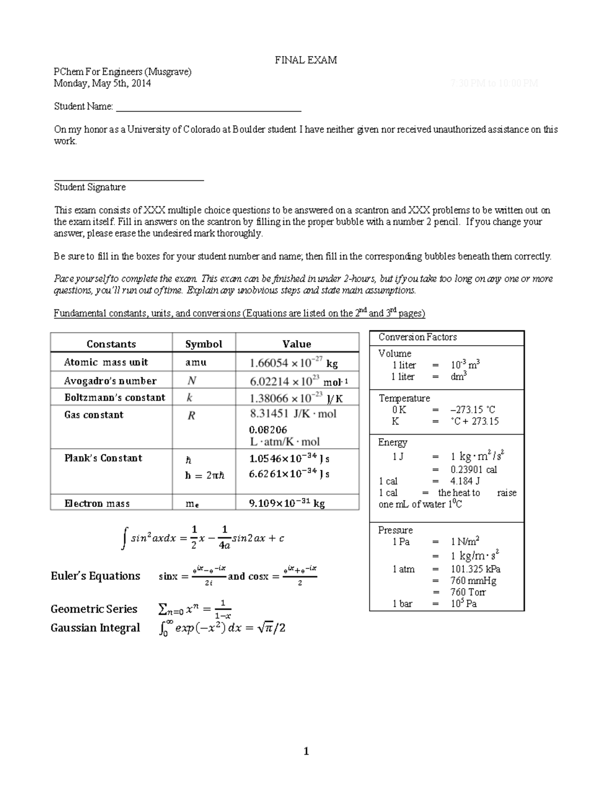 CHEN 4521 Final-Equations - 1 FINAL EXAM PChem For Engineers (Musgrave ...