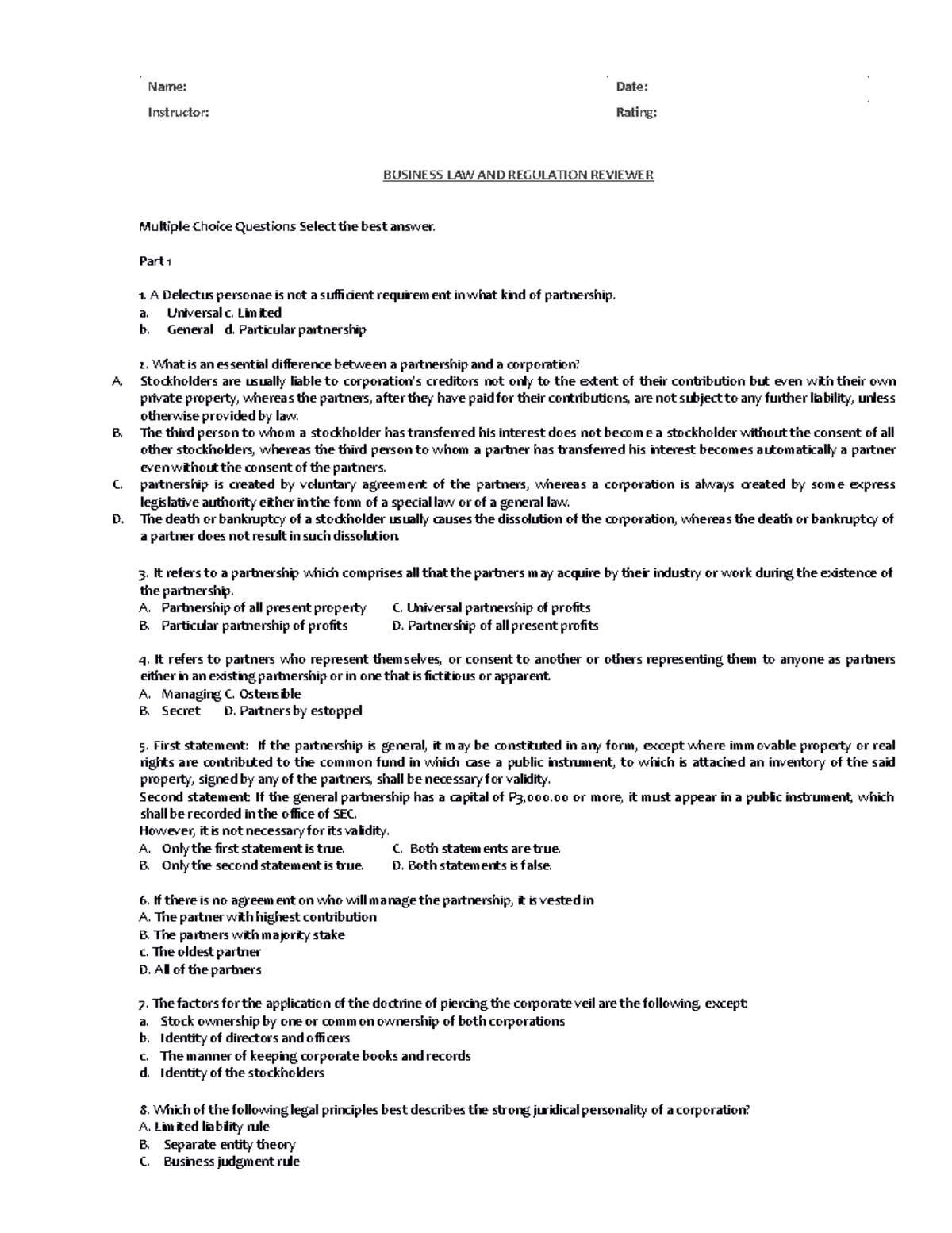 BAM 241 Reviewer CFE - BUSINESS LAW AND REGULATION REVIEWER Multiple ...