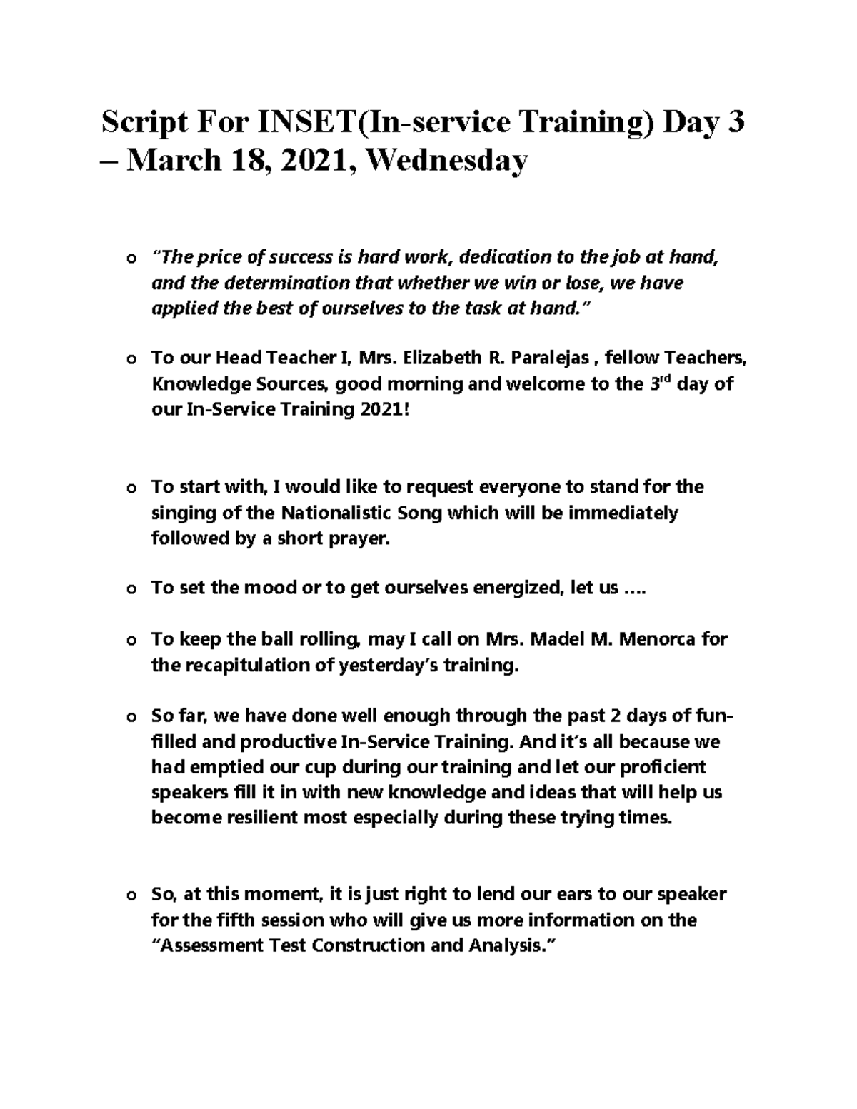 My Script. Thursday emceeing - Script For INSET(In-service Training ...