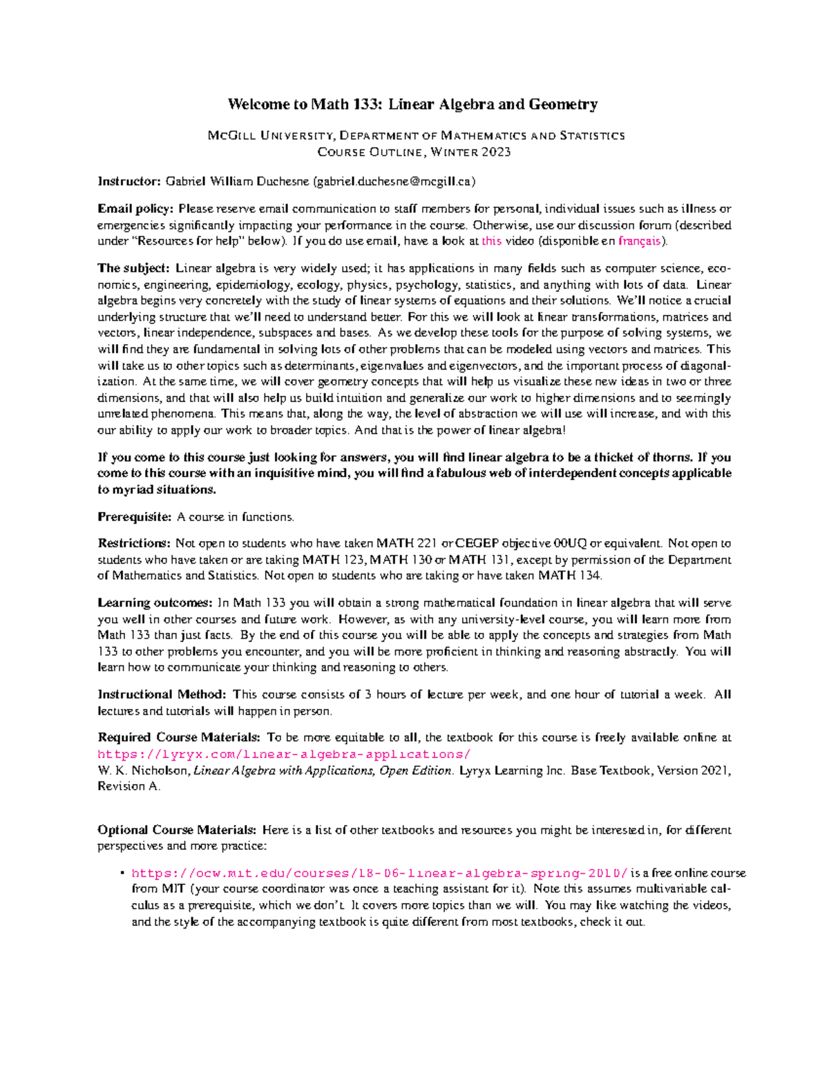 Syllabus-MATH-133 - syllabus - Welcome to Math 133: Linear Algebra and ...