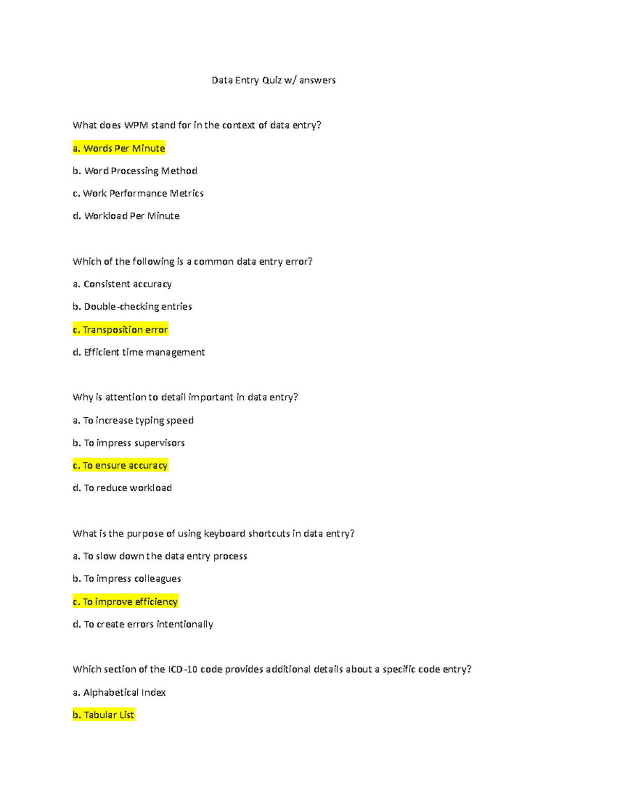 Data Entry Quiz - Words Per Minute b. Word Processing Method c. Work ...