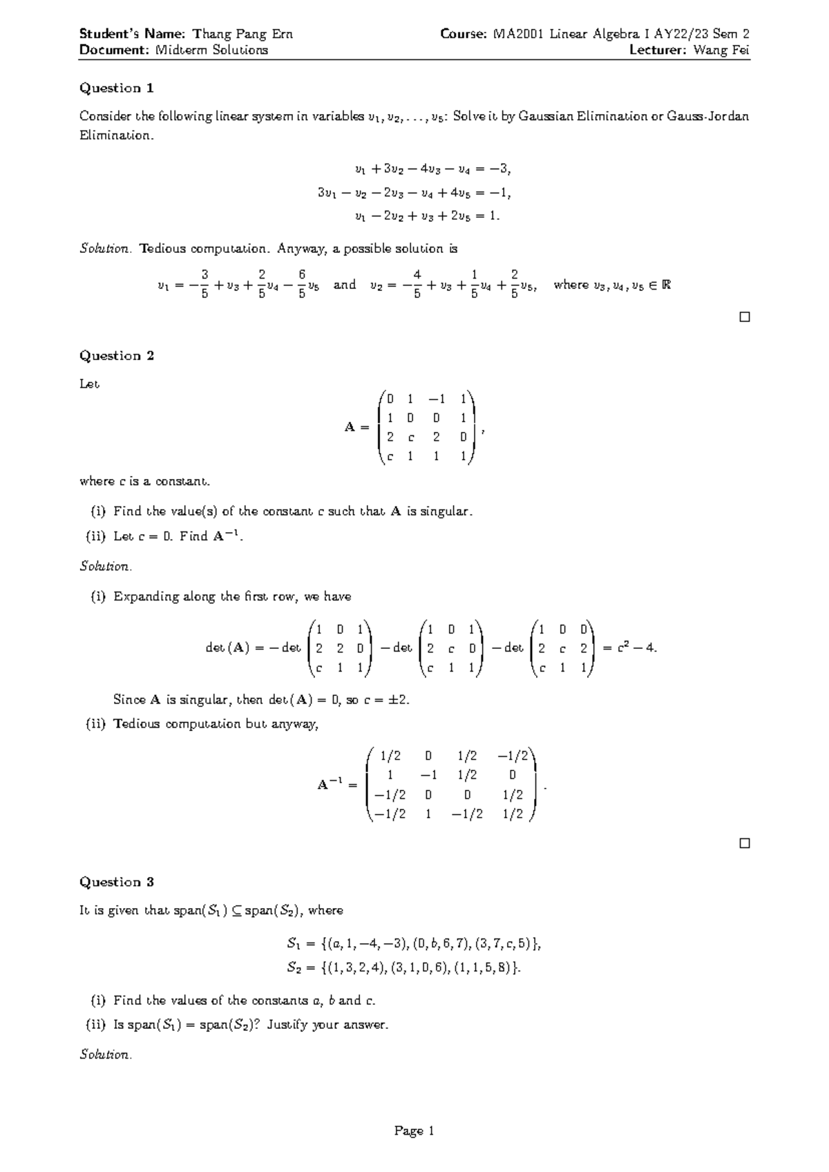 MA2001 Midterm AY2223 Sem 2 Solutions - Student’s Name: Thang Pang Ern ...