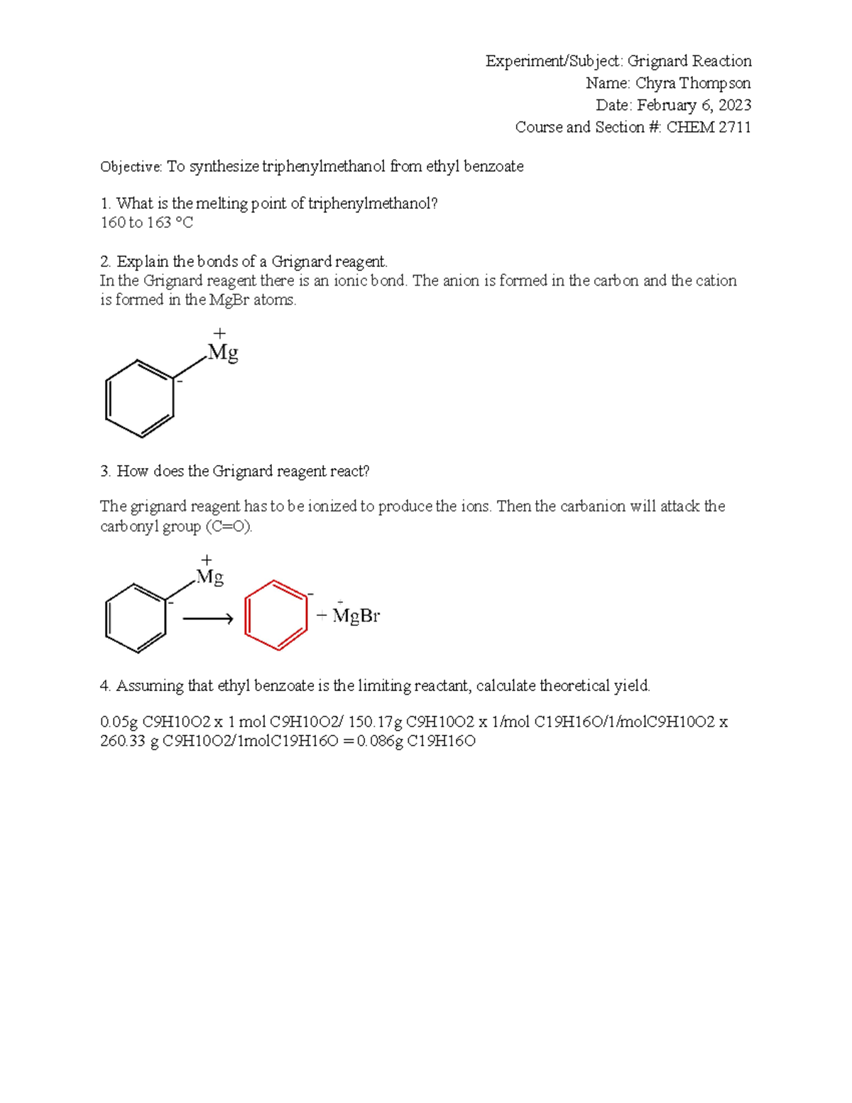 Grignard Reaction Pre-Lab - Experiment/Subject: Grignard Reaction Name ...